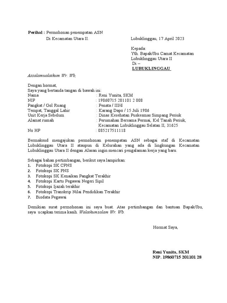 Surat Permohonan Penempatan ASN Yuk Reni | PDF Surat Permohonan Penempatan ASN Yuk Reni | PDF