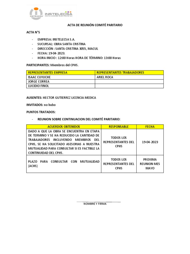 Acta de Reunión Comité Paritario Numero 4 | PDF