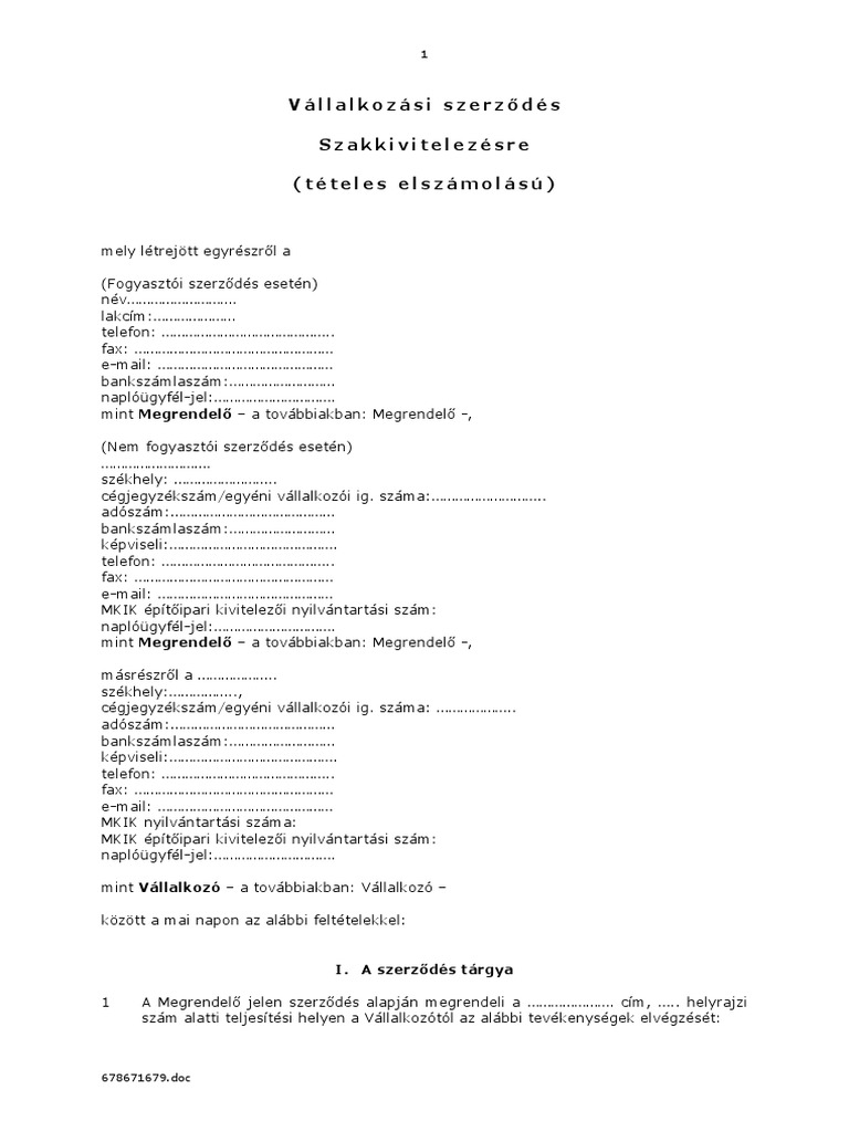 Vallalkozasi Szerzodes Szakkivitelezesre Teteles Elszamolasu | PDF