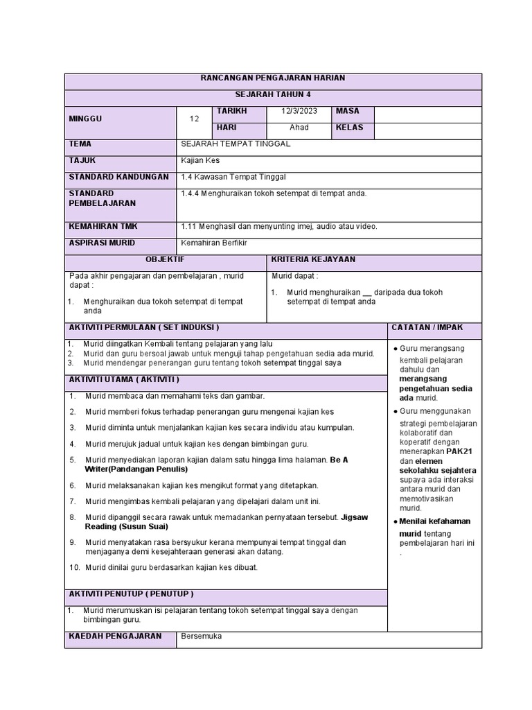RPH Minggu 12 Sej THN 4 2023 | PDF