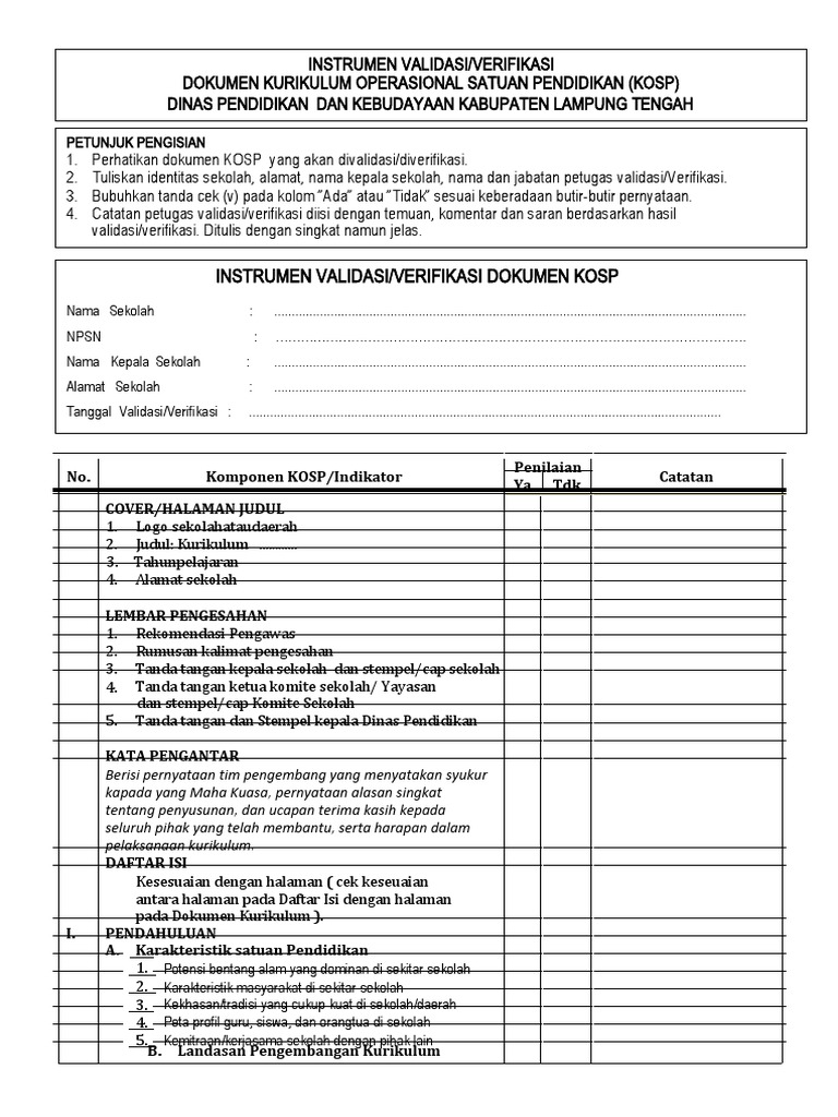 INSTRUMEN Validasi KOSP Lampung Tengah 2 | PDF