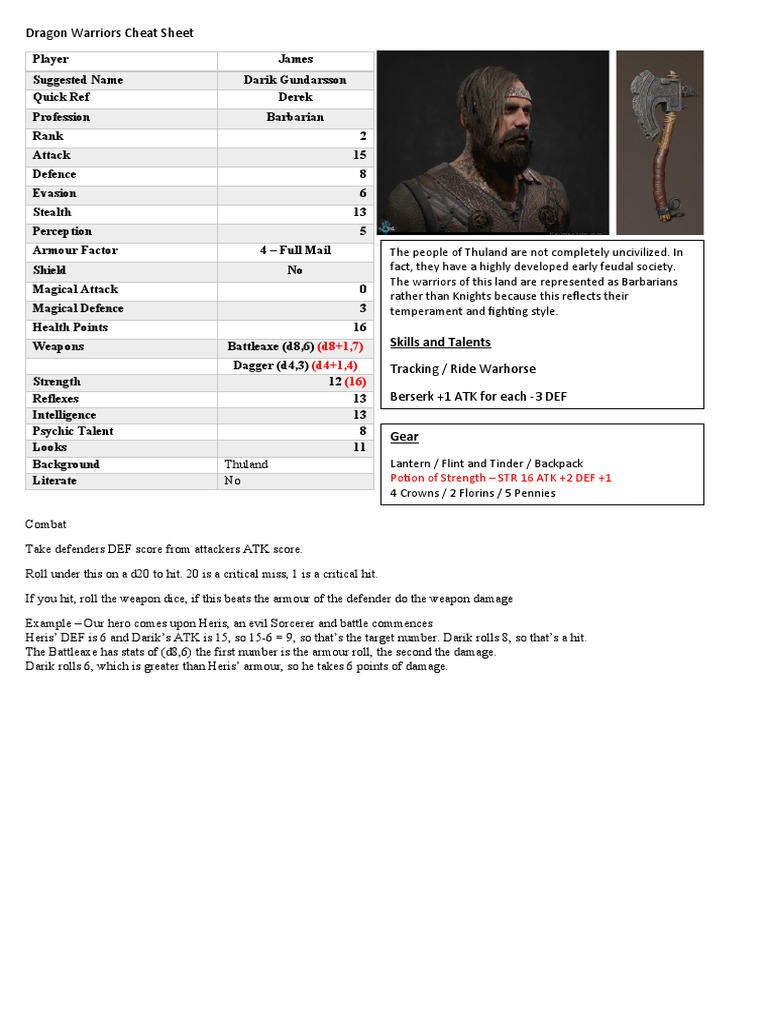 Dragon Warriors Cheat Sheet | PDF | Tabletop Games | Gaming