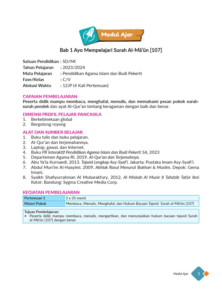 Modul Ajar PR PAI 5A 2023-2024 Bab 1 | PDF | Karier & Perkembangan