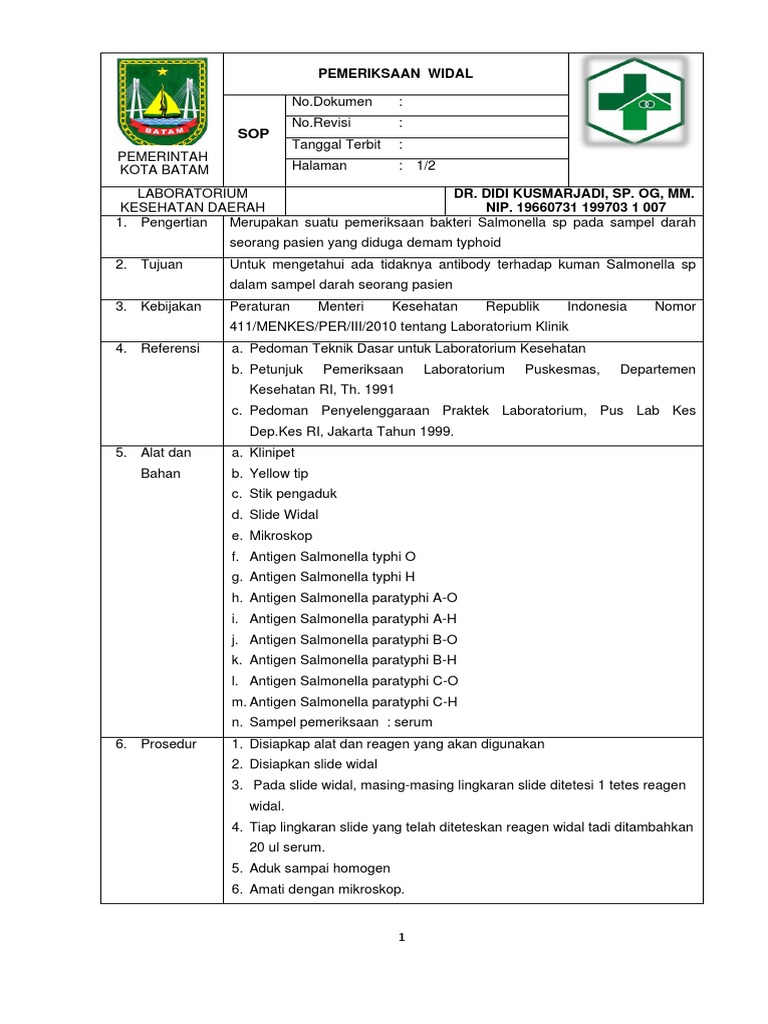 Prosedur Pemeriksaan Widal Laboratorium | PDF | Kesehatan Holistik ...