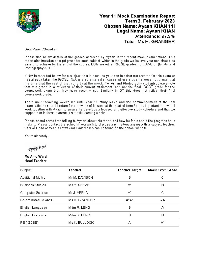 Year 11 Mock Exam Report for Ayaan Khan | PDF | Teachers