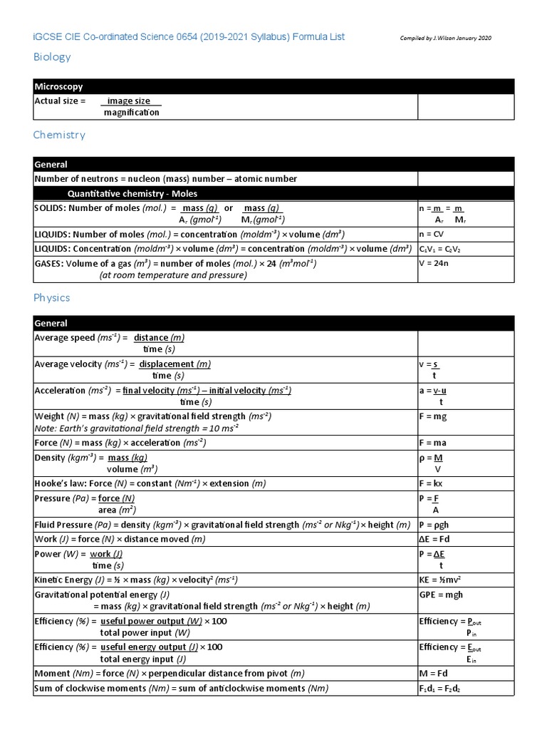 0654 IGCSE Formulae (Equations) | PDF | Mole (Unit) | Radioactive Decay