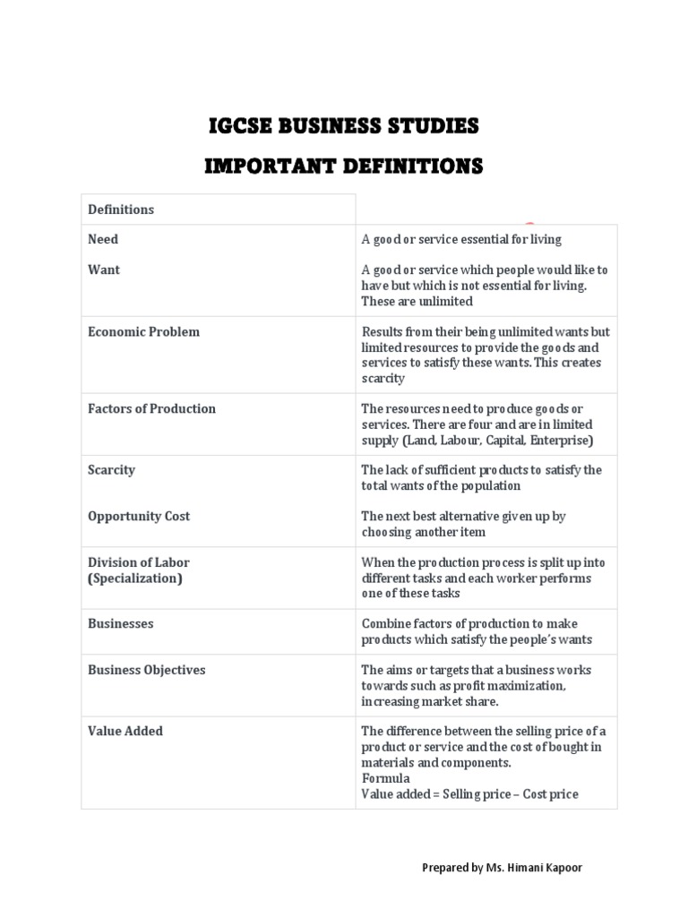 Important Definitions Igcse Business | PDF | Financial Accounting | Business Process