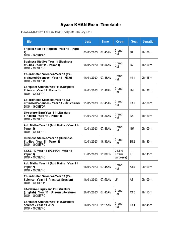 Exam Timetable | PDF