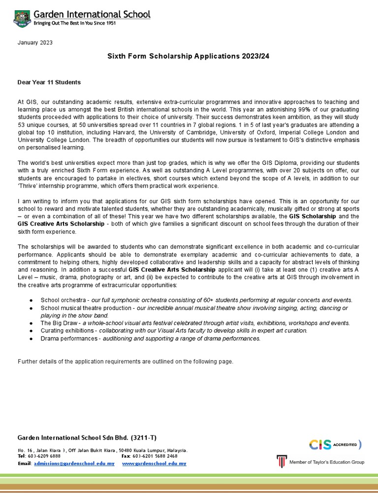 Sixth Form Scholarship Application Letter 2023 - 24 | PDF | Internship | Job Hunting