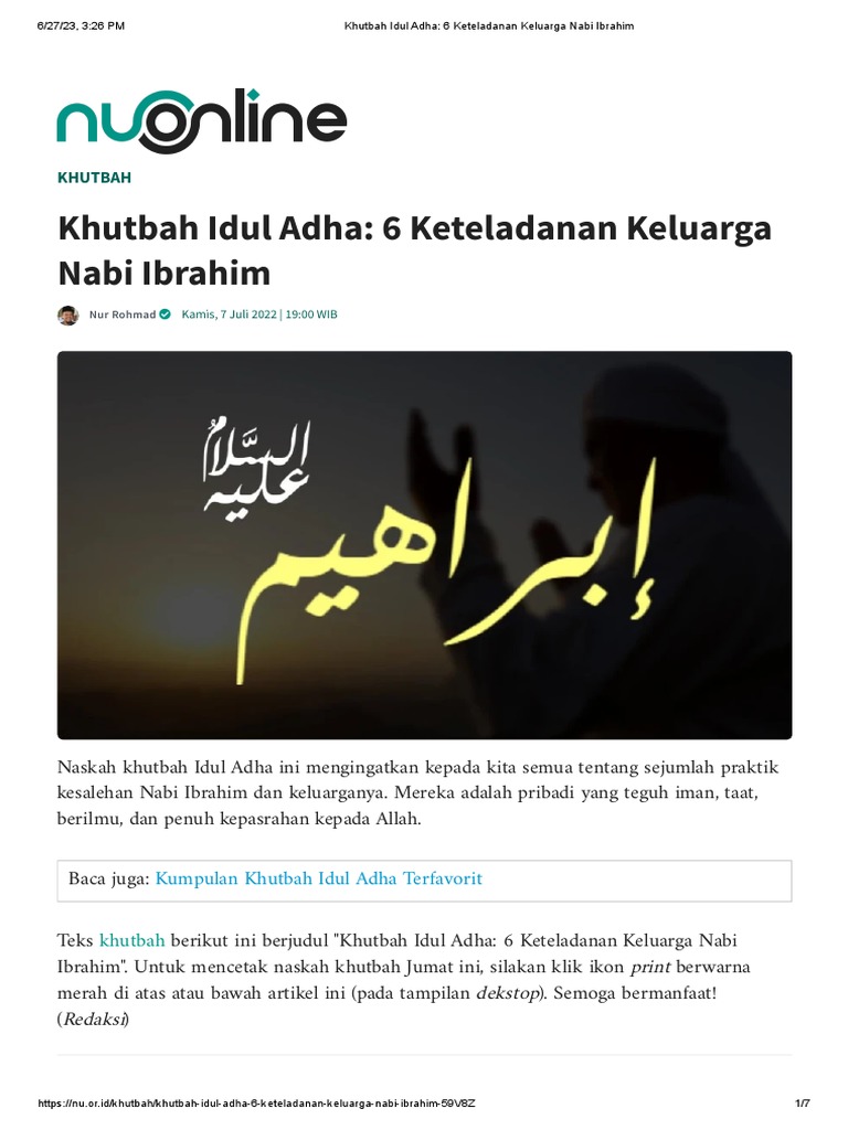 Khutbah Idul Adha - 6 Keteladanan Keluarga Nabi Ibrahim | PDF