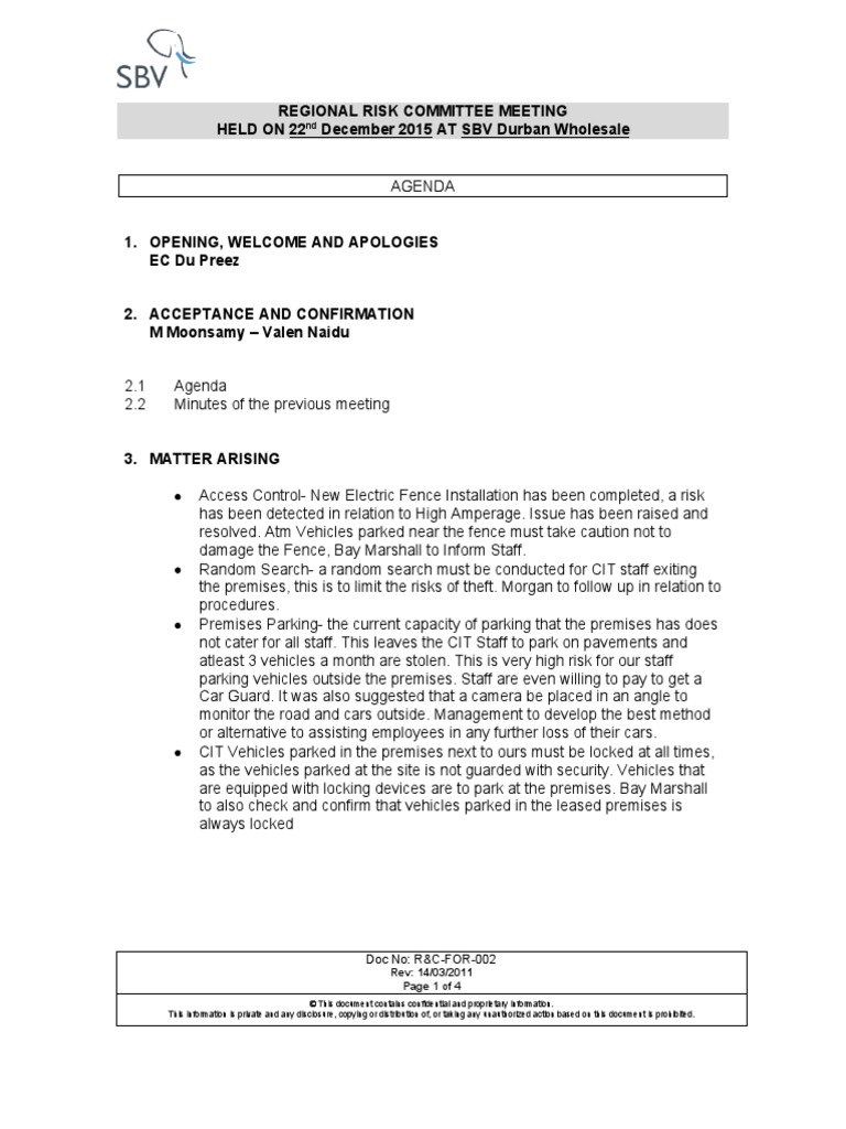 Regional Risk Committee Meeting Agenda Example | PDF | Business ...