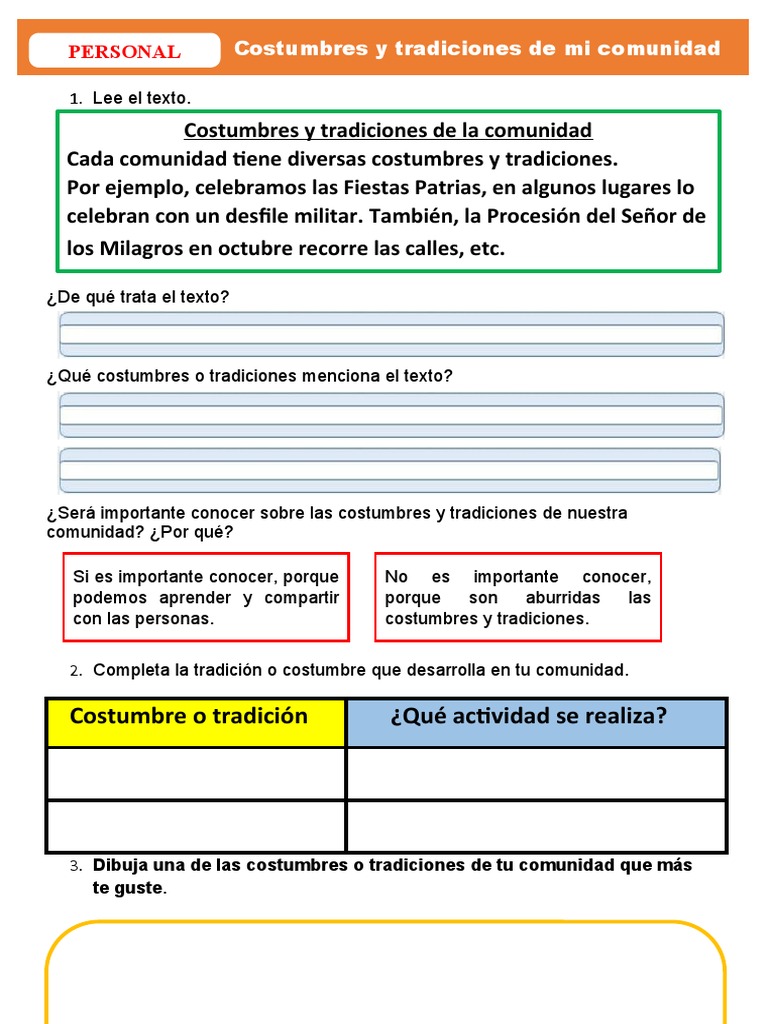D1 A2 FICHA PS. Costumbres y tradiciones de mi comunidad. | PDF
