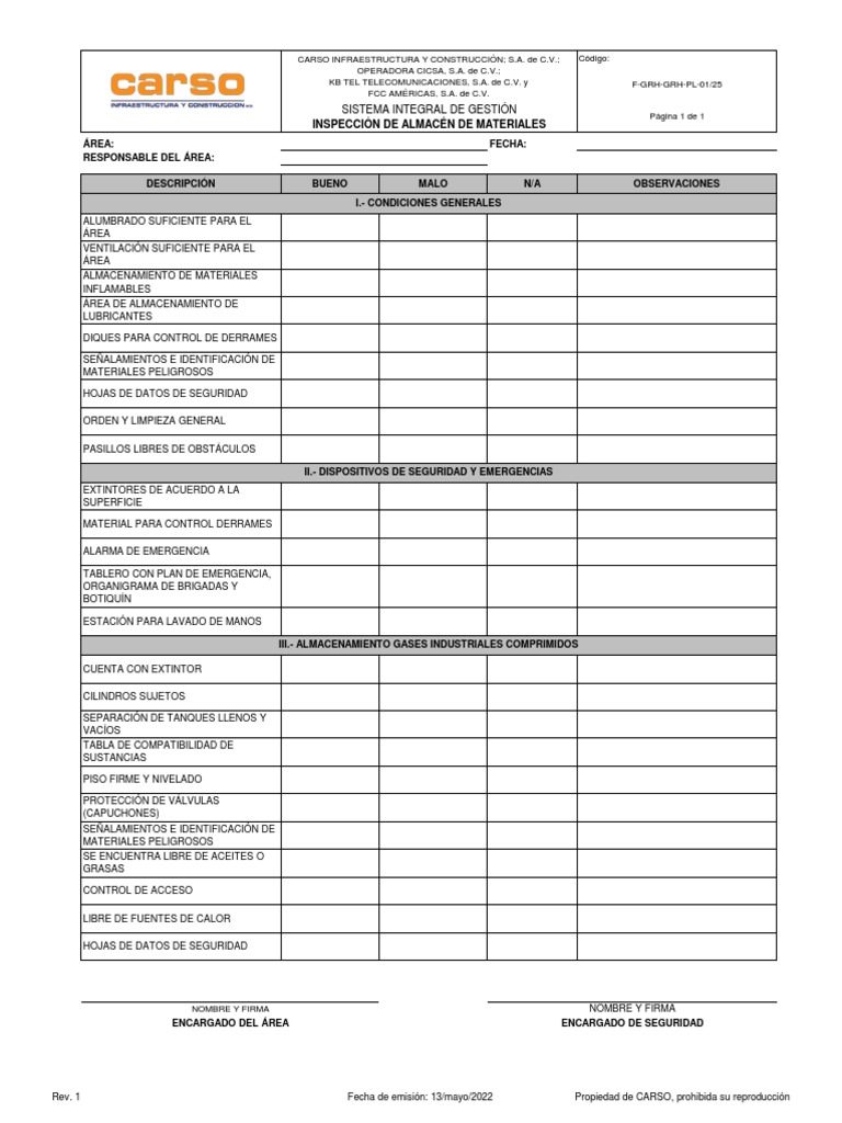 F-GRH-GRH-PL-01-25 Inspección de Almacén de Materiales | Descargar gratis PDF | Mercancías ...