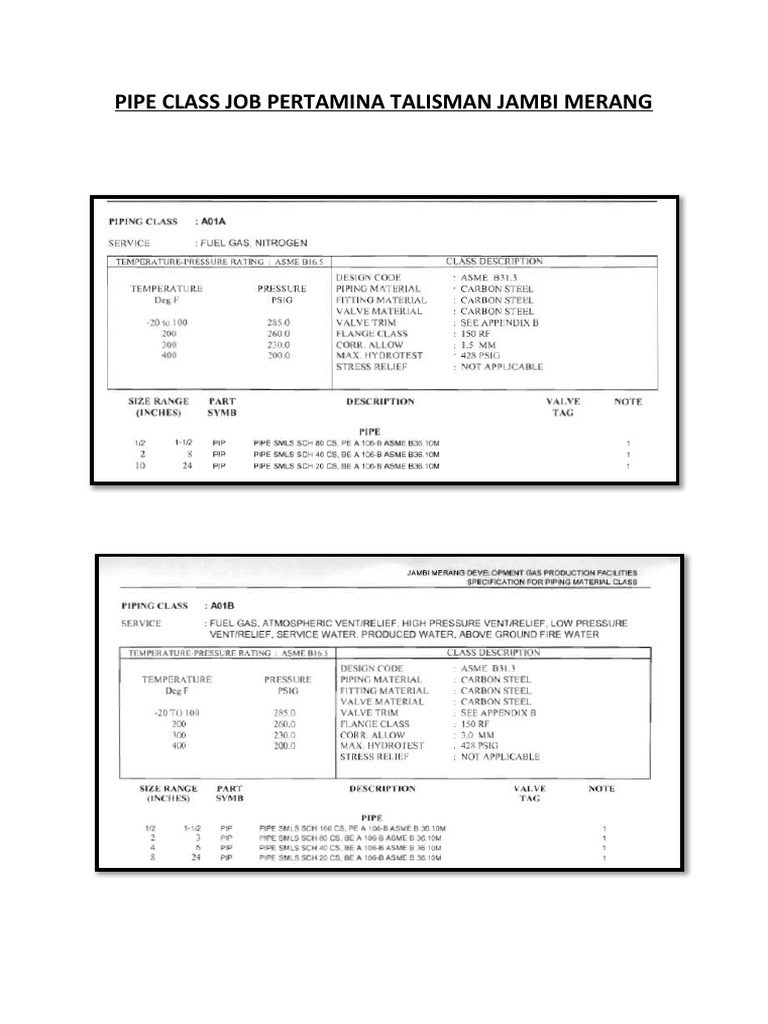 Pipe Class Specifications for Pertamina Talisman | PDF