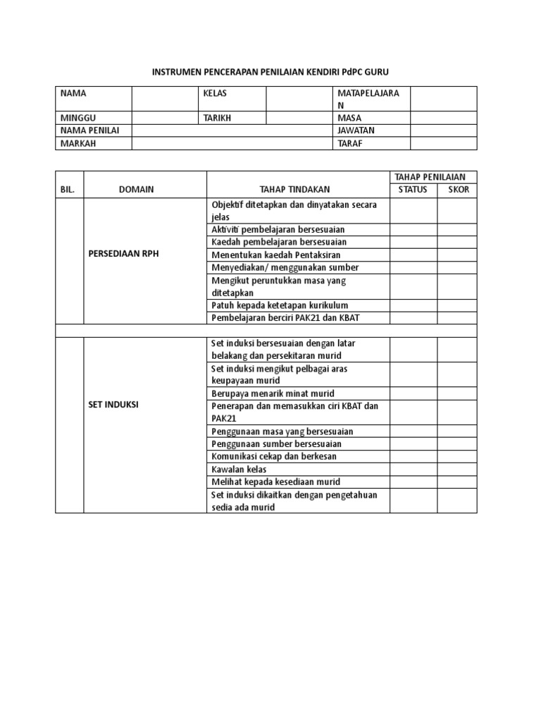 INSTRUMEN PENCERAPAN PENILAIAN KENDIRI PDPC GURU | PDF