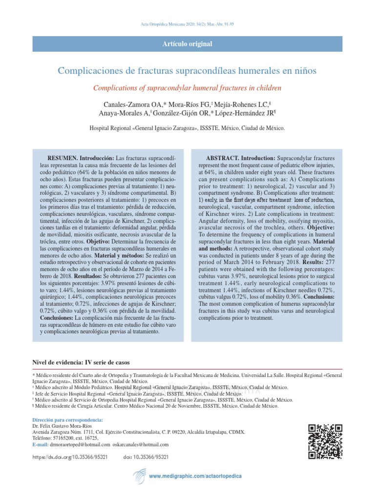 Complicaciones de Fracturas Supracondíleas Humerales en Niños | PDF ...