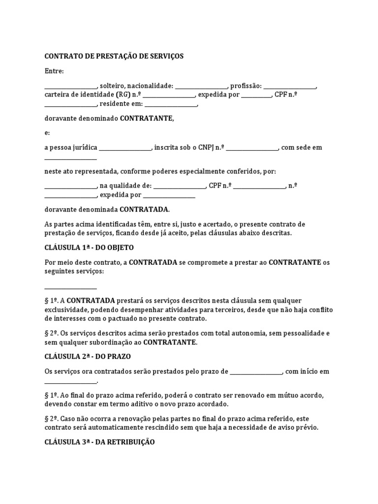 Modelo de Contrato de Prestacao de Servicos Simples para Word para Preencher Personalizavel ...