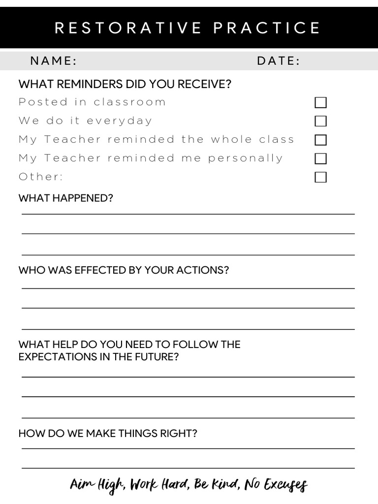 Restorative Practice: Name: Date: What Reminders Did You Receive? | PDF