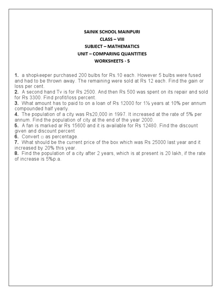 Worksheet 5 - Comparing Quantities | PDF