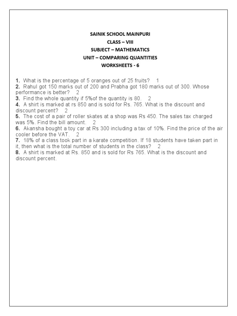 Worksheet 6 - Comparing Quantities | PDF