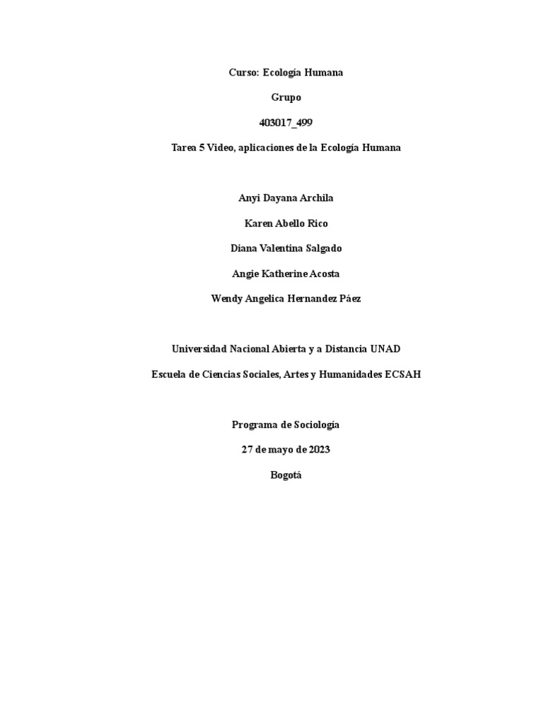 Tarea 5-Video, Aplicaciones de La Ecologia Humano - Grupo 499 | PDF | Sociedad | Entorno natural