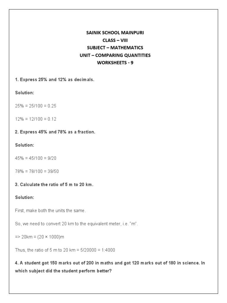 Worksheet 9 - Comparing Quantities | PDF | Ratio | Profit (Economics)