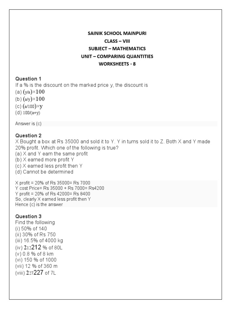 Worksheet 8 - Comparing Quantities | Download Free PDF | Percentage | Money