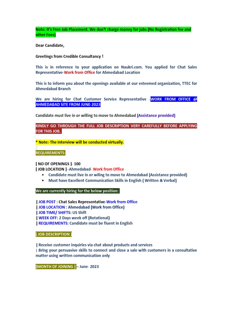 TTEC Chat Sales Rep Openings in Ahmedabad | PDF | Outsourcing | Employment