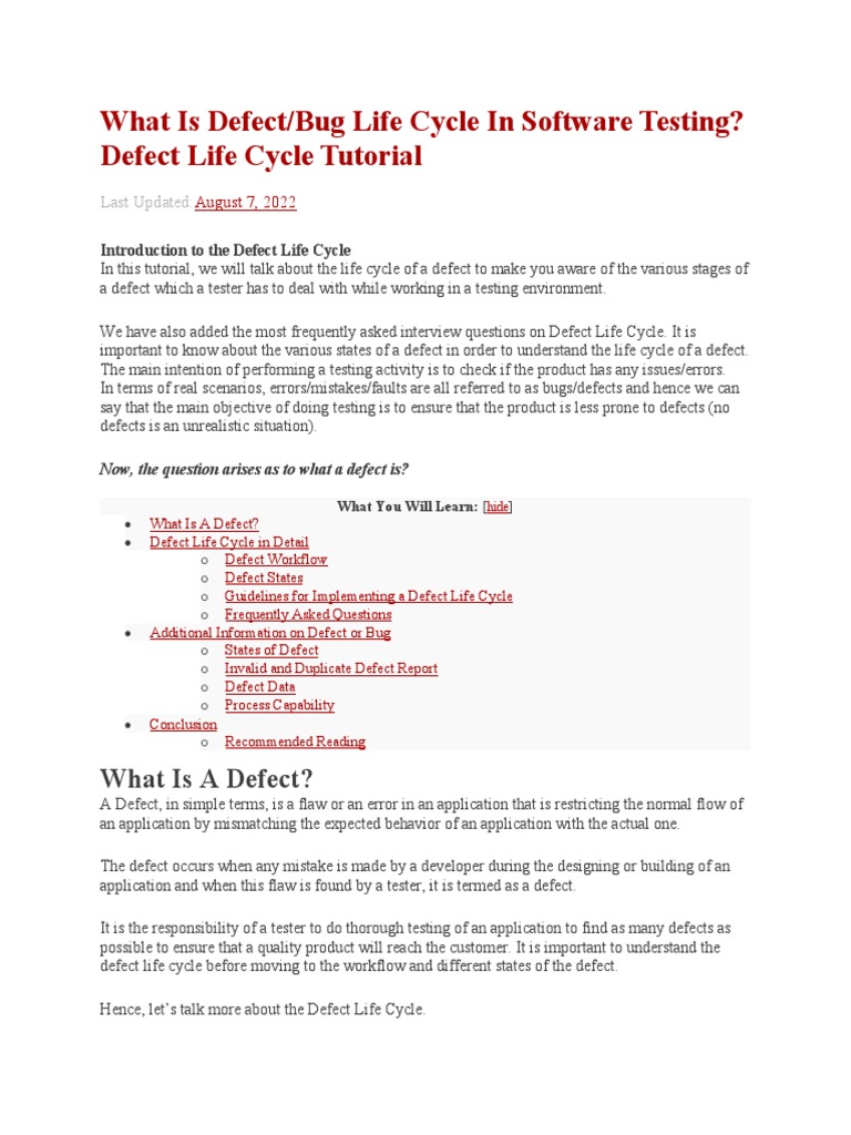 Defect Bug Life Cycle in Software Testing | PDF | Software Bug ...