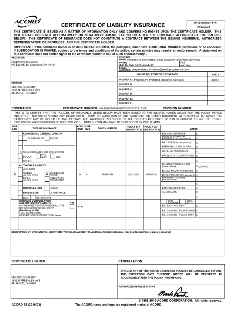 Vulpex COI | PDF | Insurance | Liability Insurance