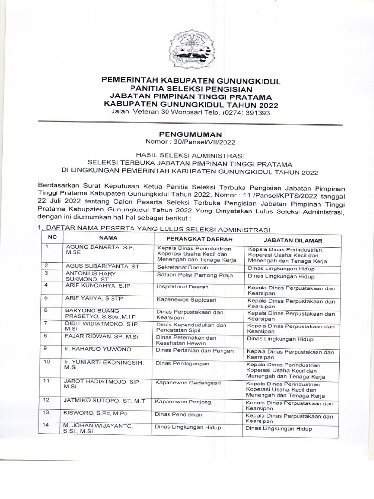 Pengumuman Seleksi Administrasi | PDF