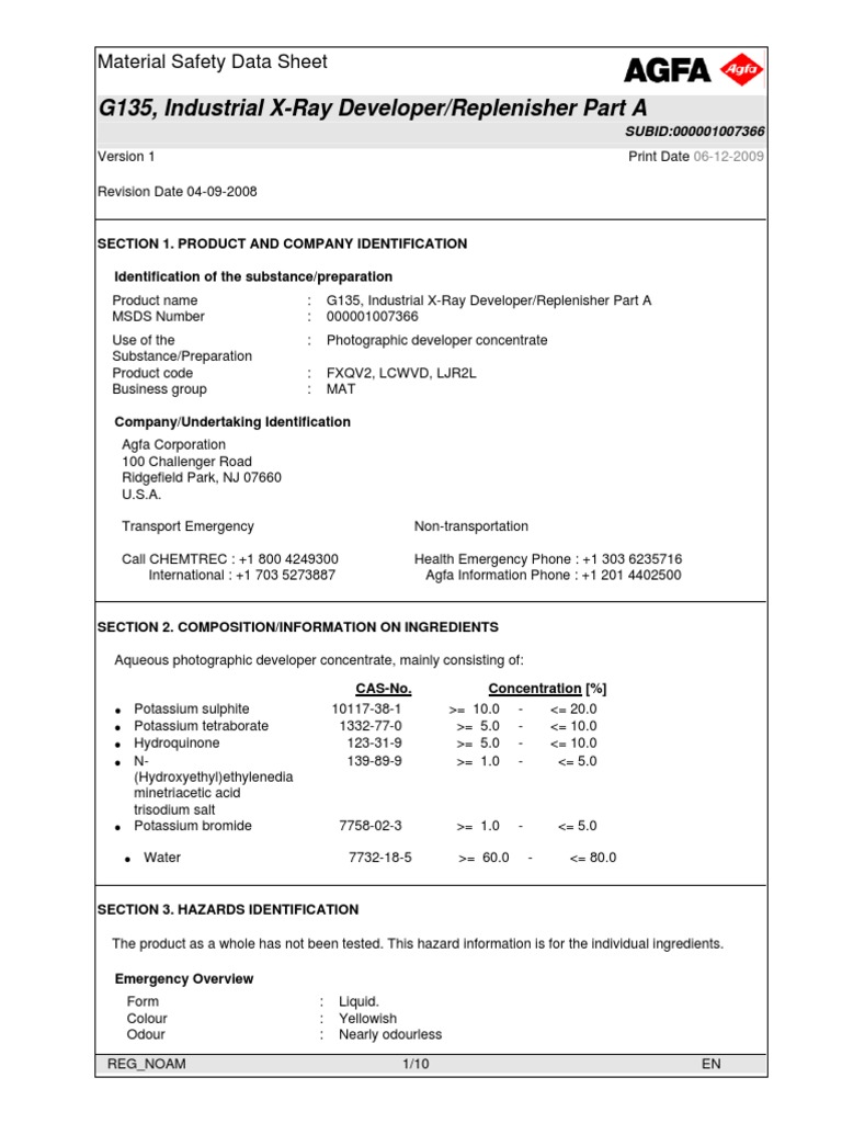 AGFA G135 Dev Part A MSDS v1 | PDF | Hazardous Waste | Resource ...