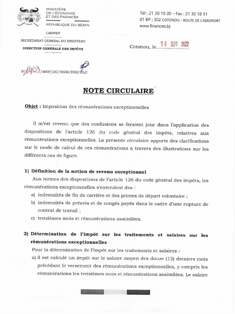 6331ac396b9e7 - Note Circulaire-1403-Imposition Des Remunerations Exceptionnnelles | PDF