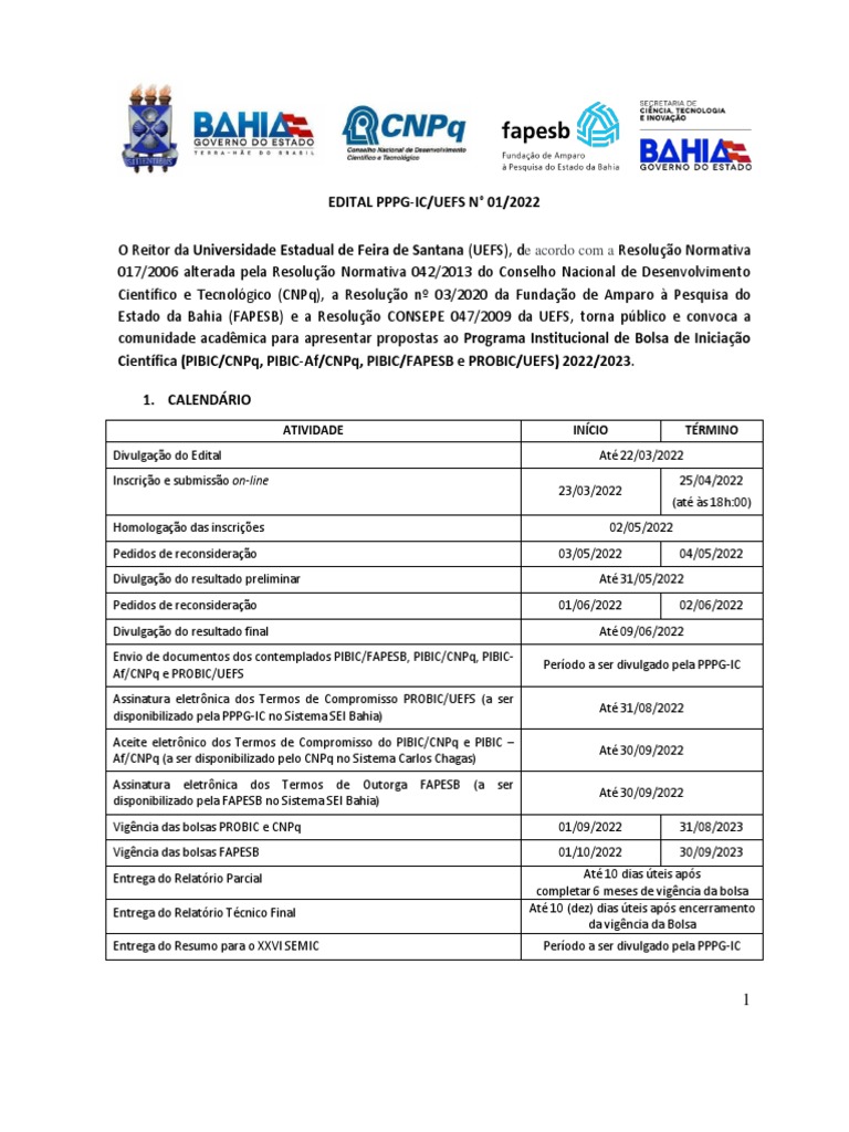 Edital IC UEFS 2022 | PDF | Pós-graduação | Science