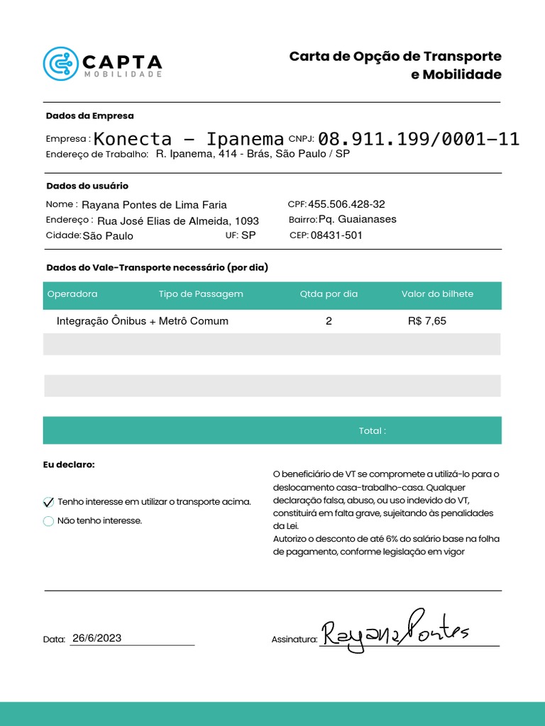 Modelo de Carta de Opcao de VT Fora Abrangencia - CAPTA MOBILIDADE | PDF