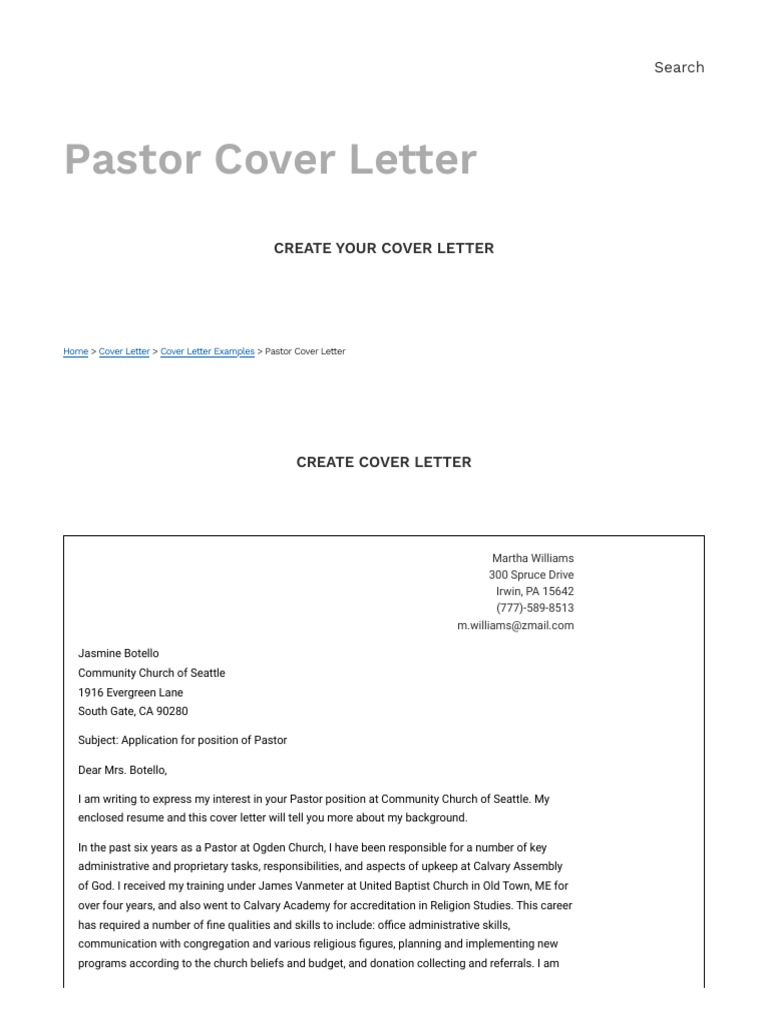 Sample Cover Letter For Pastor Job Application - Resume-Now | PDF