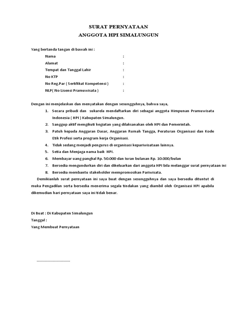 Surat Pernyataan Menjadi Anggota Hpi Simalungun | PDF