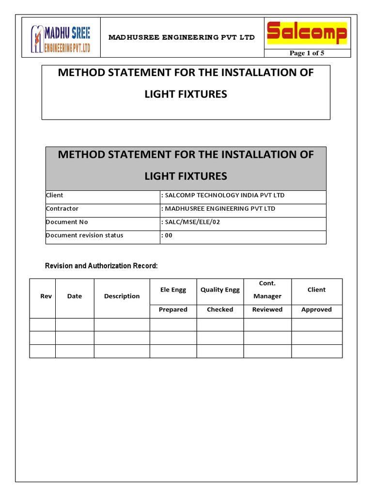 METHOD STATEMENT FOR INSTALLATION OF Light Fixtures | PDF | Electrical ...