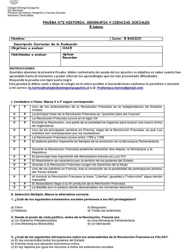 PRUEBA-N°-2-HISTORIA-8°-BÁSICO (1) | PDF | revolución Francesa | Francia