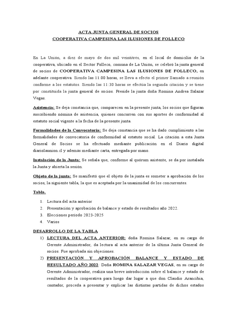 Acta Junta General de Socios - Folleco 2023 | PDF | Gobierno