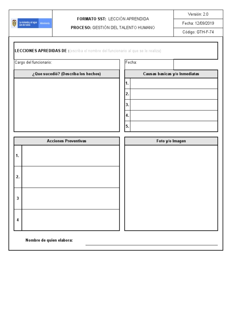 GTH-F-74 Formato SST - Lecciones Aprendida 2.0 | PDF GTH-F-74 Formato SST - Lecciones Aprendida 2.0 | PDF