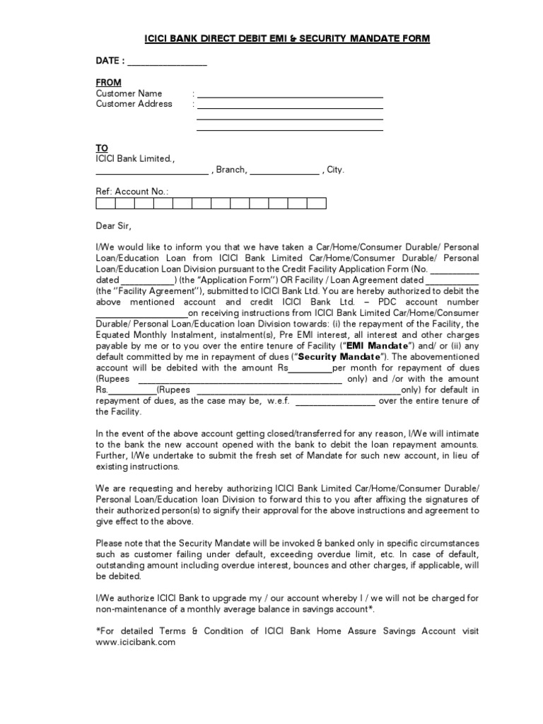 Auto Debit EMI-Security Mandate Form 2 | PDF | Banks | Loans