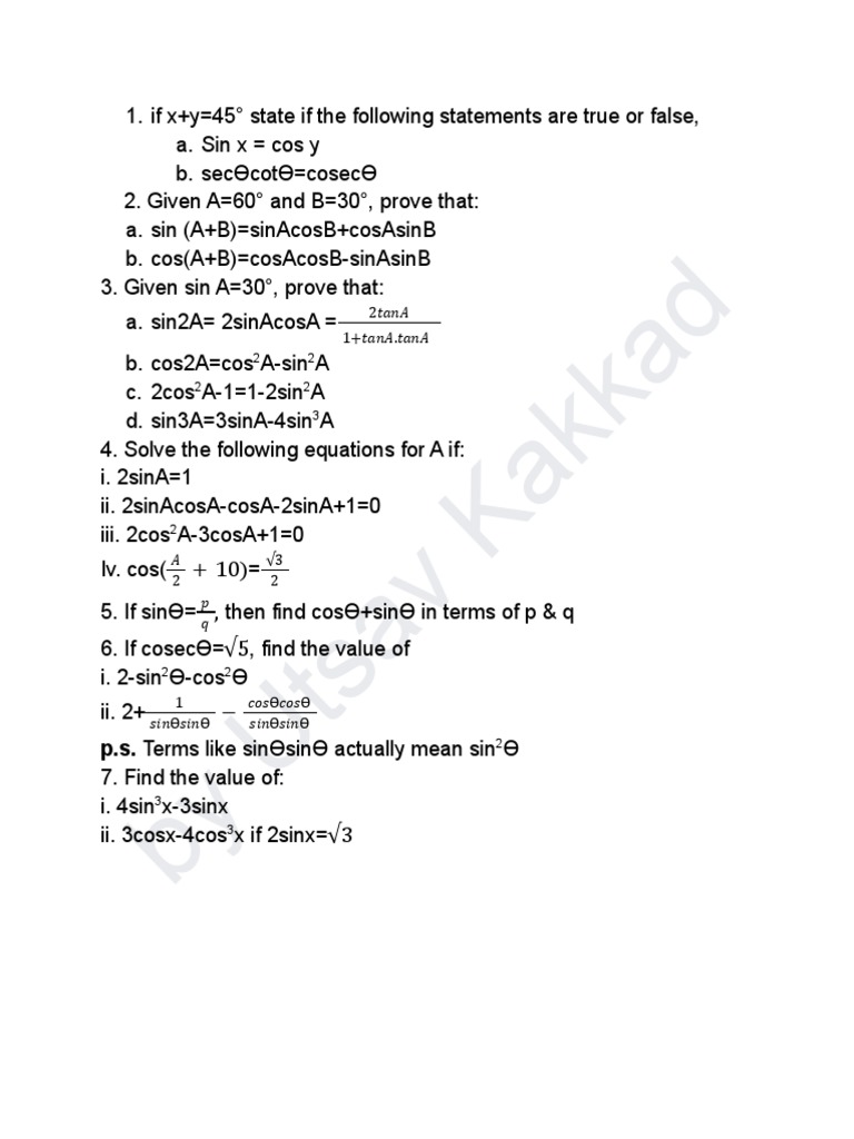 Trigonometric Ratios Standard Angles | PDF
