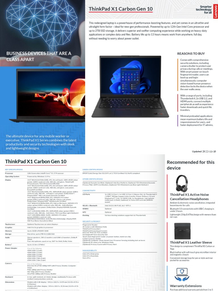 ThinkPad X1 Carbon Gen 10 | PDF | Personal Computers | Computer Hardware