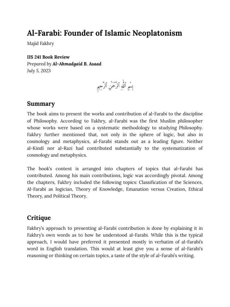 Al-Farabi Founder of Islamic Neoplatonism (Book Review) | PDF | Truth ...