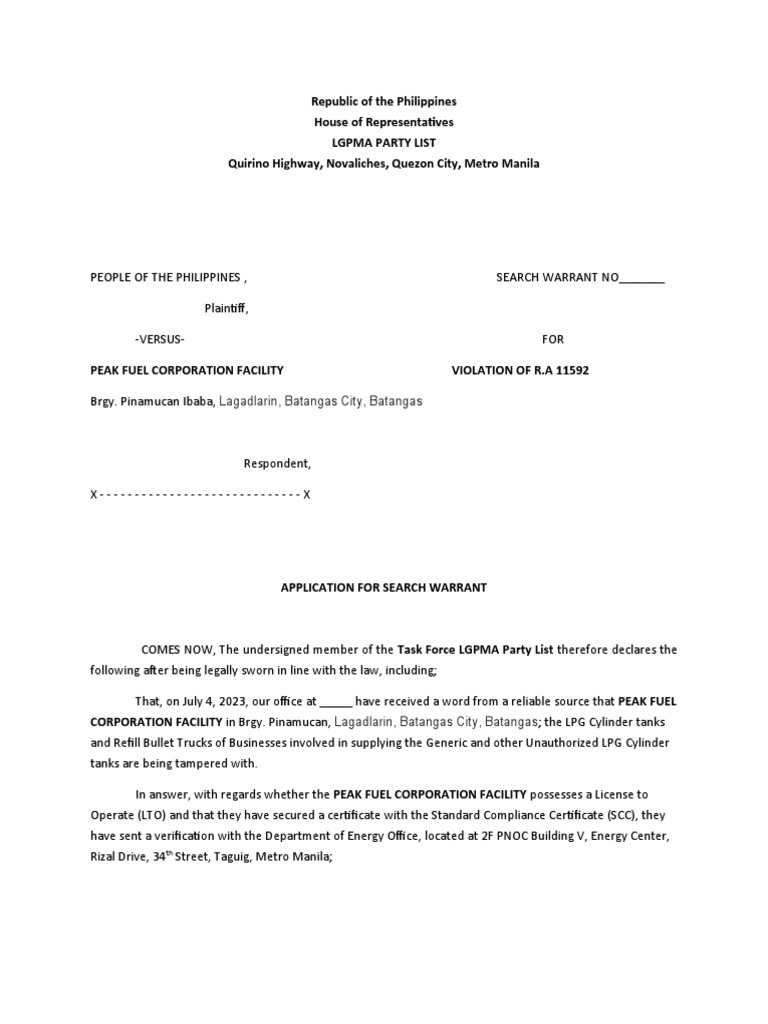 Application of Search Warrant Batangas | PDF | Affidavit | Arrest Warrant