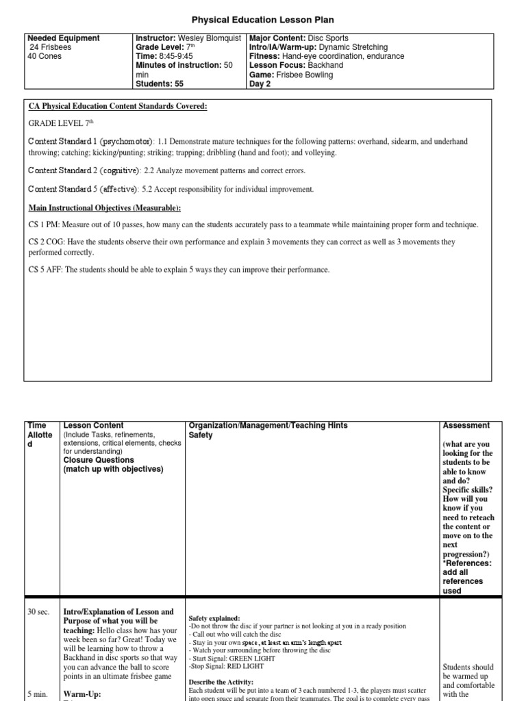 Disc Sports Lesson Plans | PDF | Physical Education | Lesson Plan