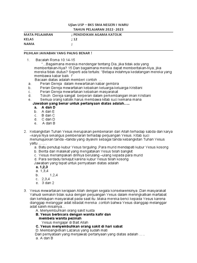 Ujian Usp BKS Sma Iwaru Genap 2022 | PDF
