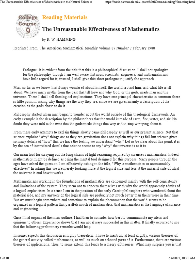 Math's Unreasonable Effectiveness | PDF | Mathematics | Mathematical Proof