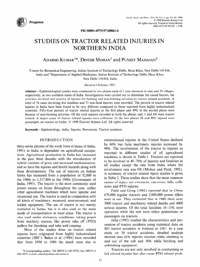 Studies On Tractor Related Injuries in | PDF | Tractor | Clinical Trial